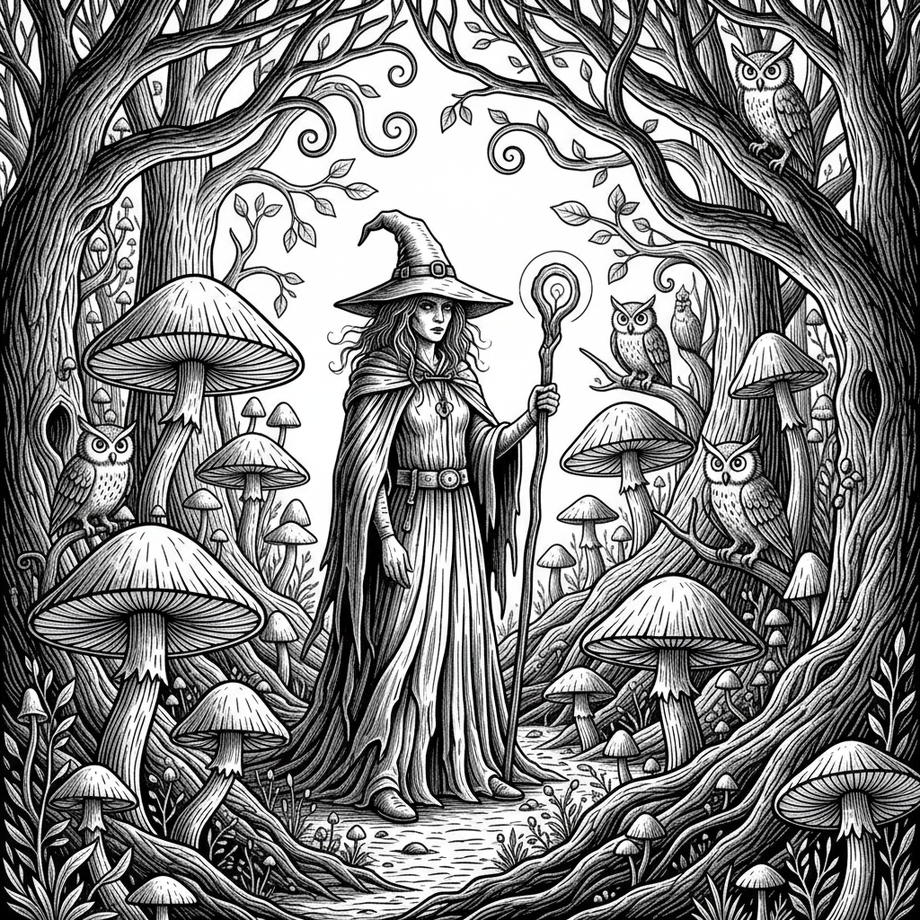 Witch in an enchanted forest with mushrooms, twisted trees, owls, and ...