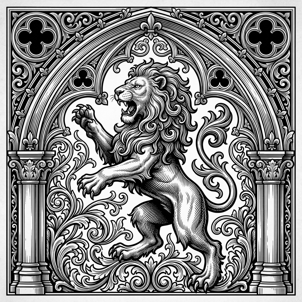 A majestic lion with flowing ornate mane standing on hind legs in ...