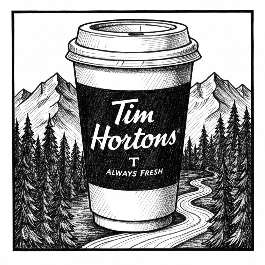 A detailed square grayscale high-contrast engraving of a Tim Hortons ...