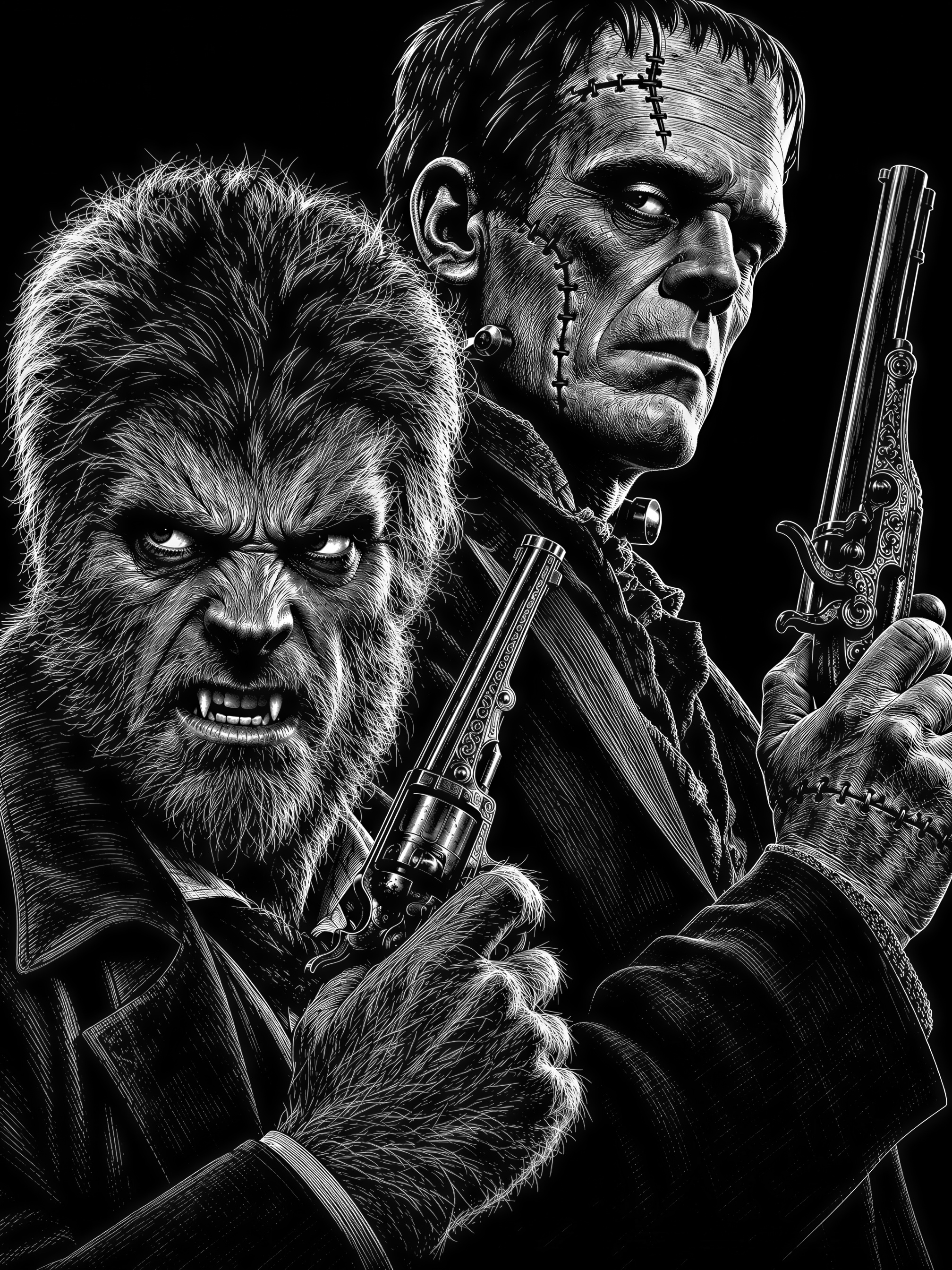 Frankenstein Werewolf Monsters Pistols Horror Blac - Free PNG Download ...