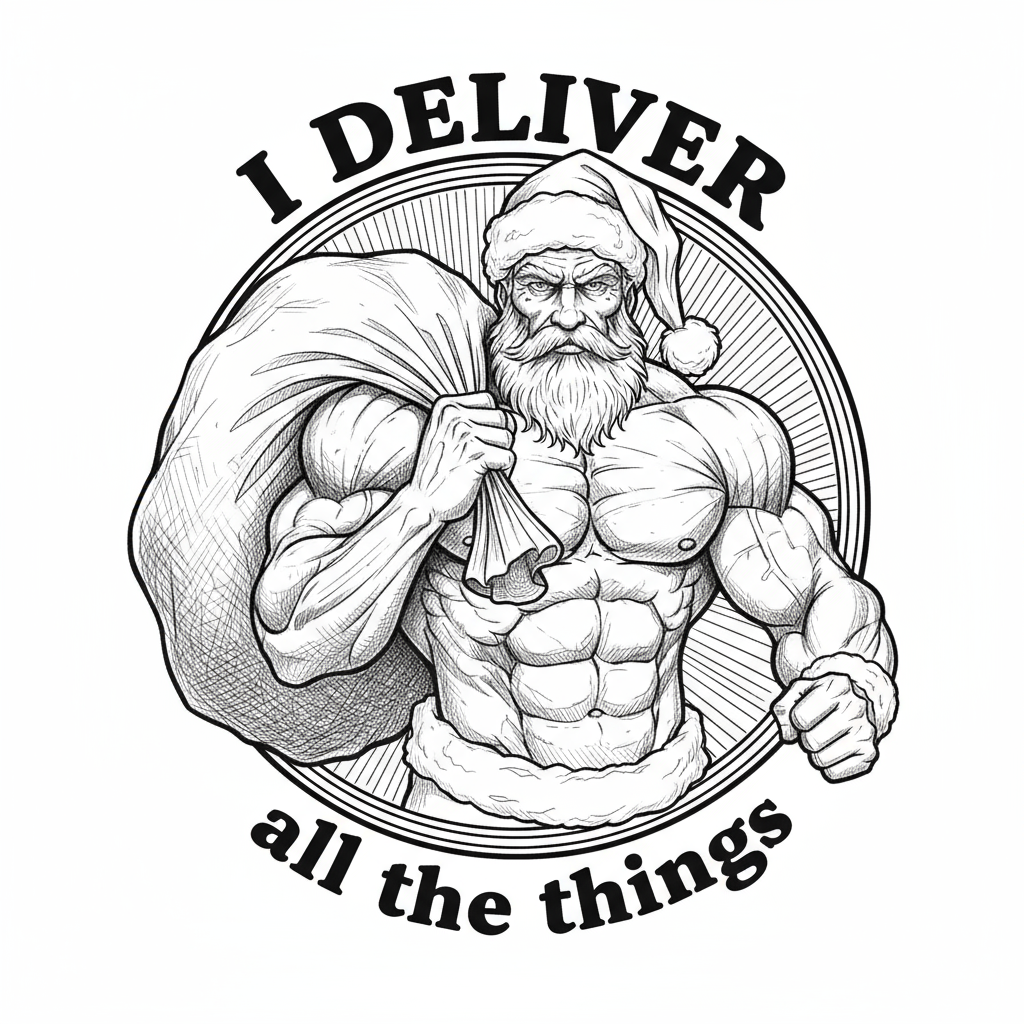 Premium black and white vector art, ultra-jacked bodybuilder Santa in ...