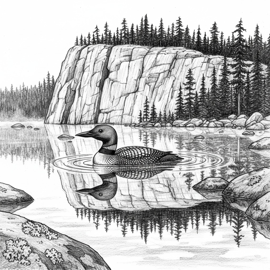 Common loon swimming serenely in pristine wilderness lake displaying ...
