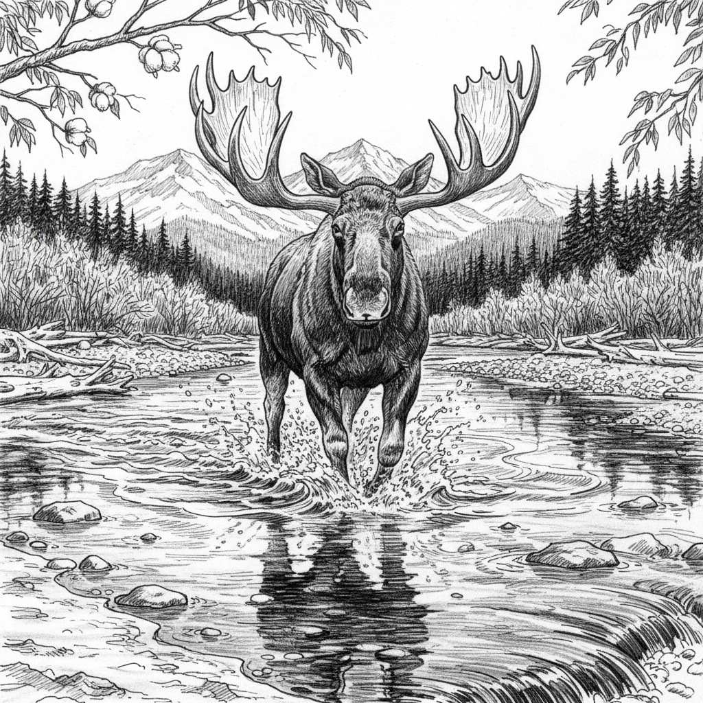 Massive bull moose mid-stride crossing wide shallow river with water ...
