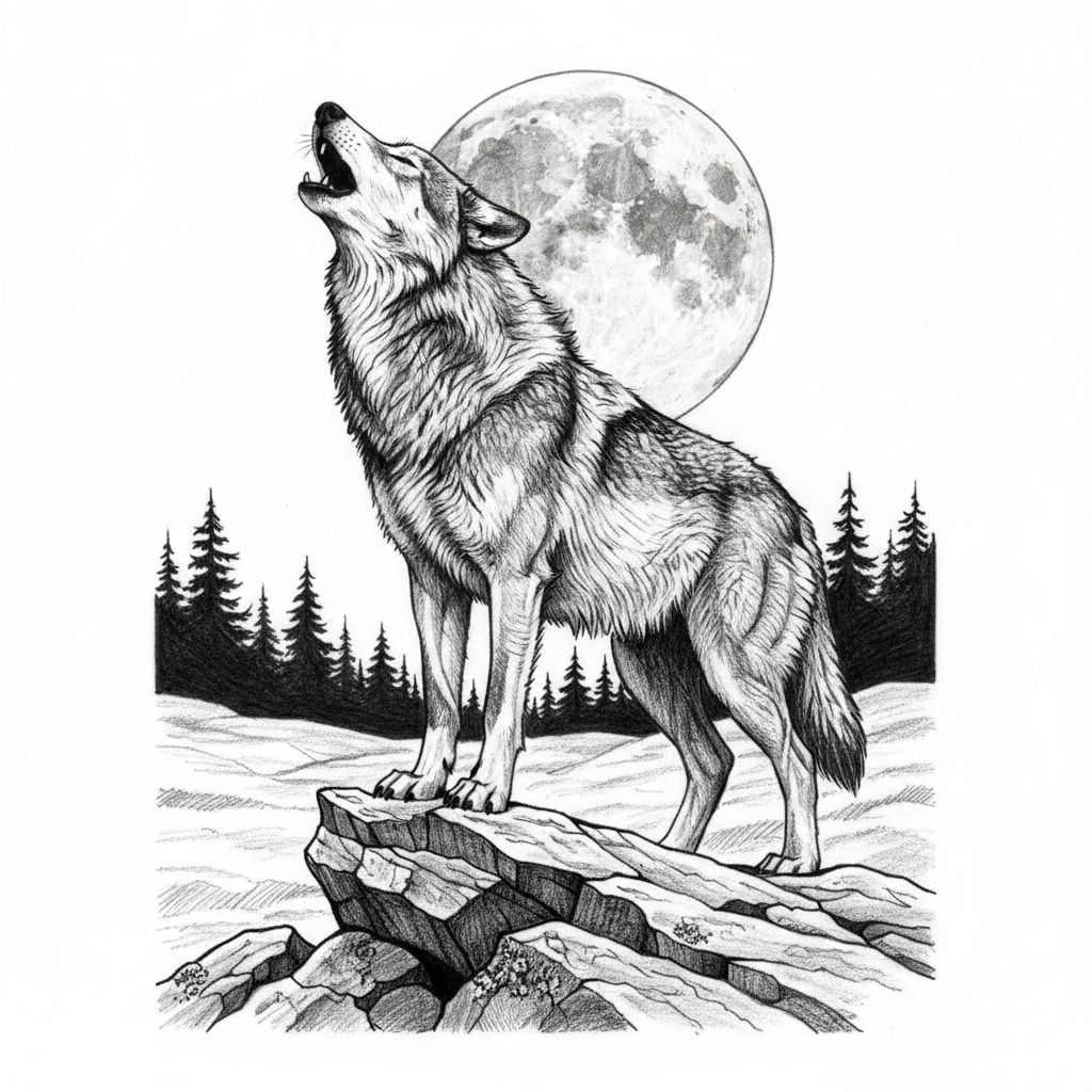 A powerful pencil composition of a wolf howling at the moon, drawn with ...