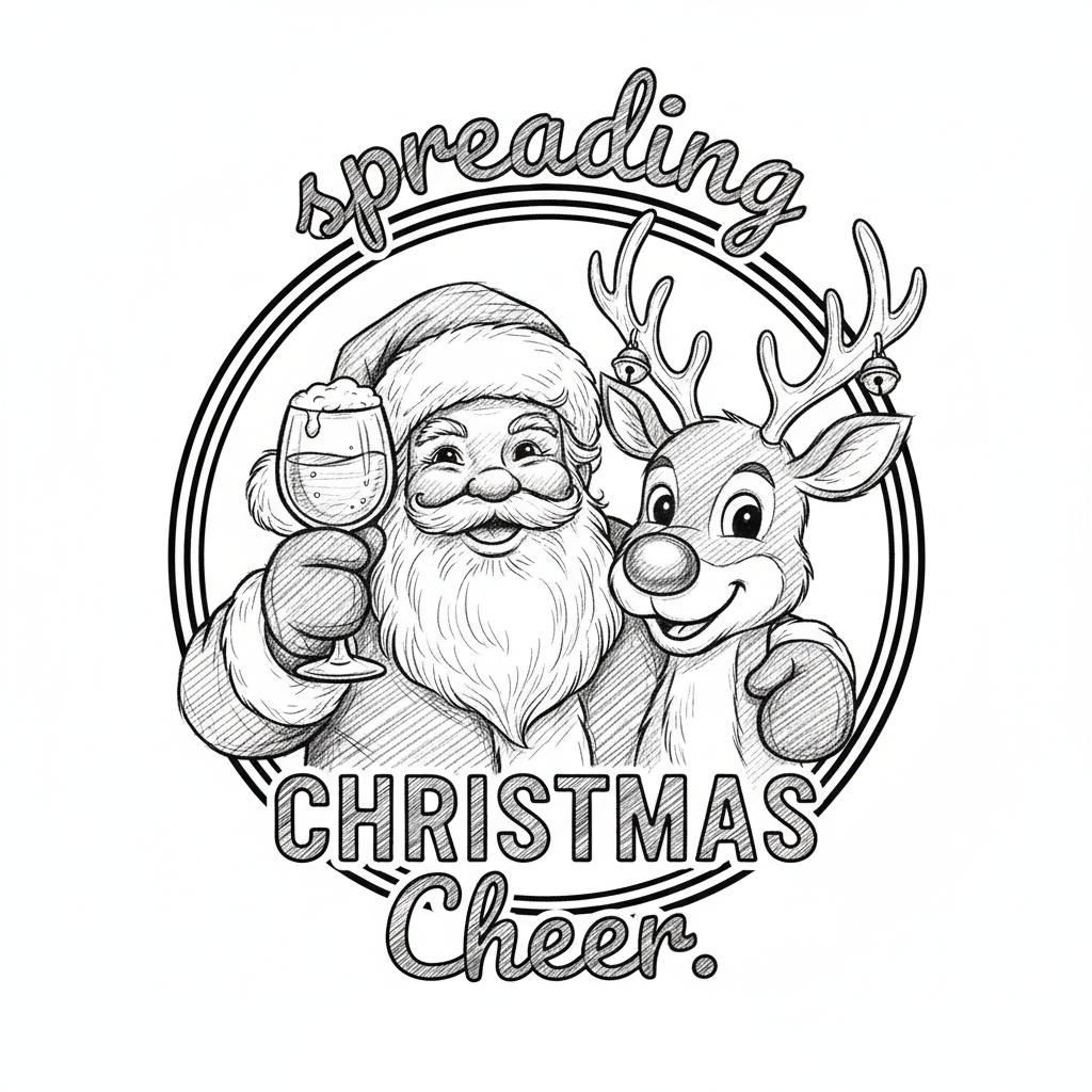 Black and white vector illustration of cheerful Santa with reindeer ...