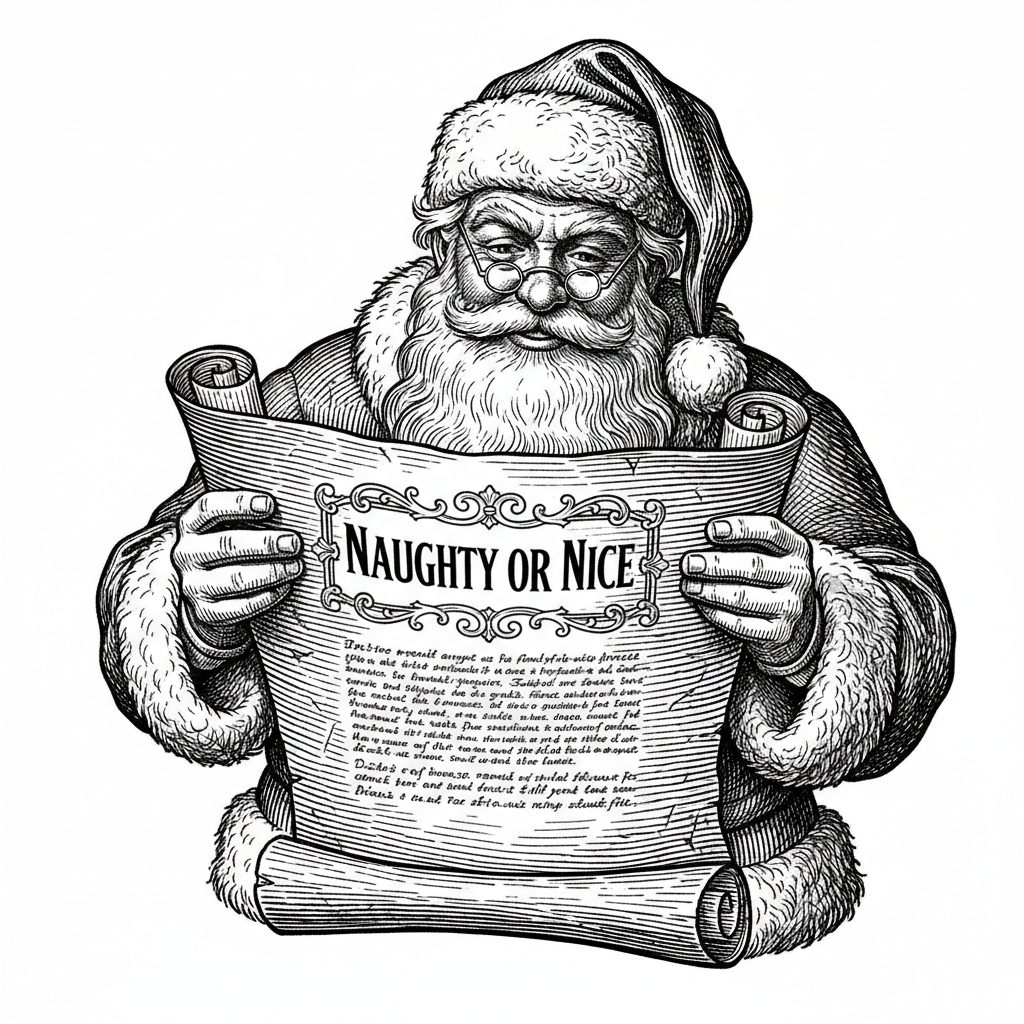 Maximum detail engraving image. Santa Claus with glasses peering at an ...