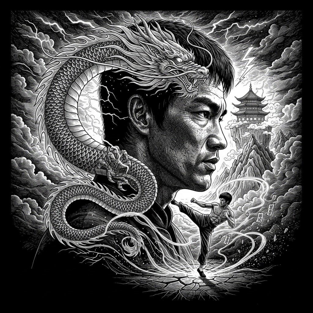 Ultra-detailed cinematic fantasy double exposure portrait of bruce lee ...