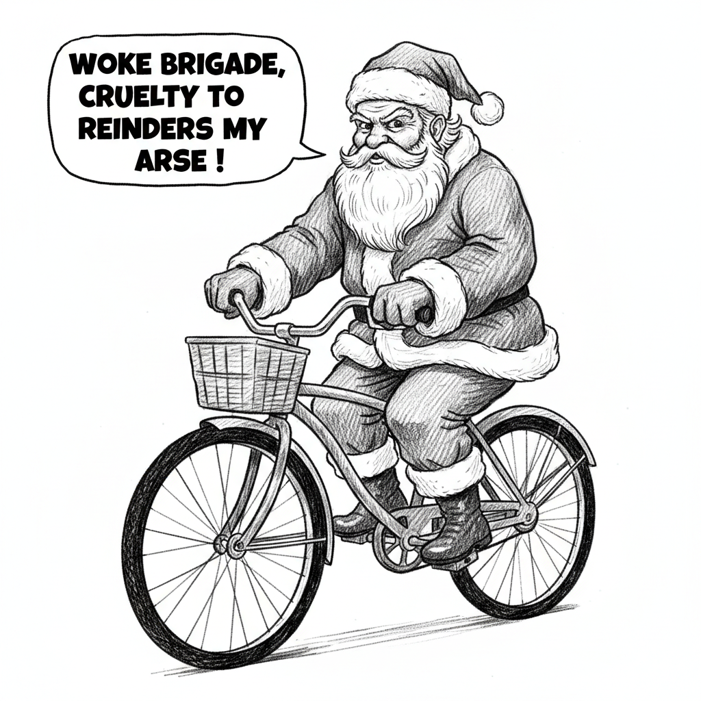 Detailed image of santa claus riding a bike. santa saying " Woke ...